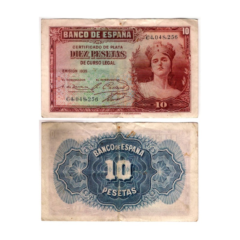 España. 1935. 10 Pesetas (MBC-) Serie C. Manchas - Numismática Rovira